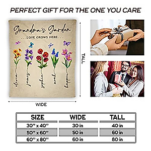 Custom Grandkids Names Fleece Throw Blankets, Personalized Grandma Gifts, Grandma's Garden Blanket Custom Birth Month Flowers Blanket Birthday Gifts for Grandma Nana Mimi Gigi Grandmother (Multi 7)