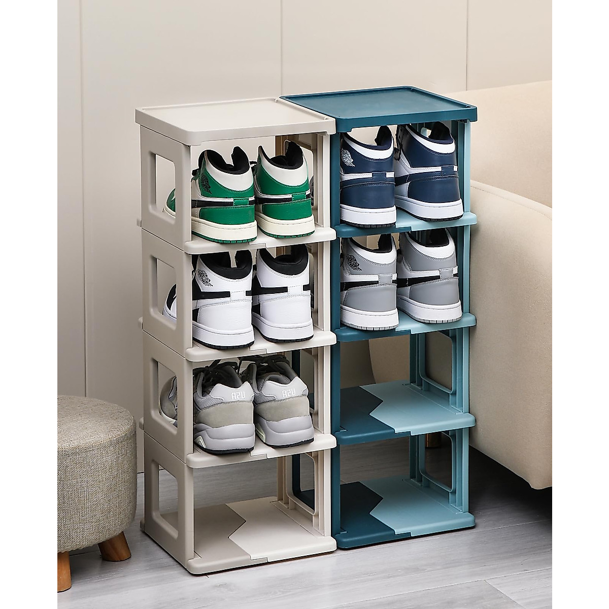 HAIXIN Shoe Rack Organizer, 5 Tier Collapsible Shoe Storage Cabinet Entryway, Sneaker Rack for Men, Sturdy Wide Shoe Stand, Free Standing Shoe Racks for Bedroom, Closet, Garage(Dark & Light Blue)