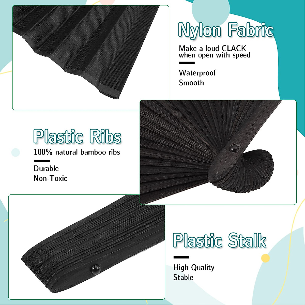 Jspupifip 3 Pack Silk Fabric Folding Hand Fans Classic Style Bamboo Ribs Hand Held Fan Chinese Vintage Handheld for Women Ladys Girls Wedding,Party and Gift(Black)