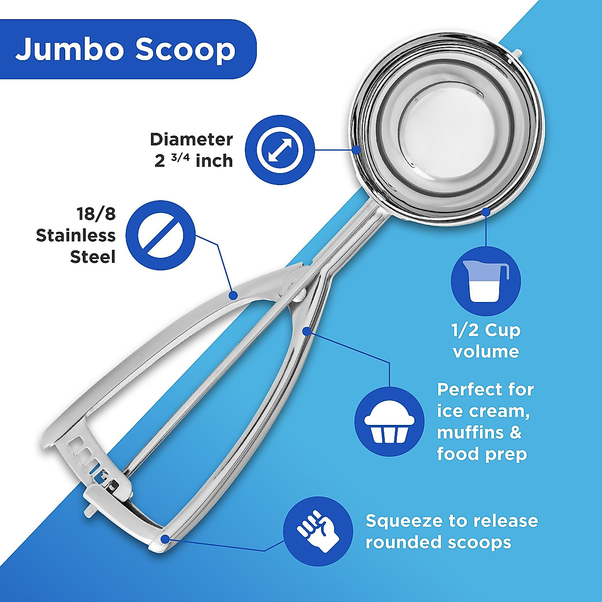 Jenaluca Jumbo Ice Cream Scoop - Cupcake Scoop and Muffin Scoop - Jumbo sized 18/8 Stainless Steel - #8 - ½ cup ice cream batter and portion scooper