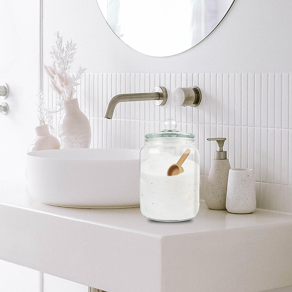 2 Sets 70 oz Bath Salts Glass Jar - Bath Salt Container with 2 Wooden Scoop and 2 Airtight Lid, Large Storage Canister Glass Bath Salt Jar for Bath Salt Flour Salt Candy Tea Bathroom Bath Decor