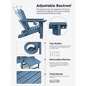 KINGYES Chair with Cup Holder, Wood-Like Reclining Versatile Adirondack Chair, Blue