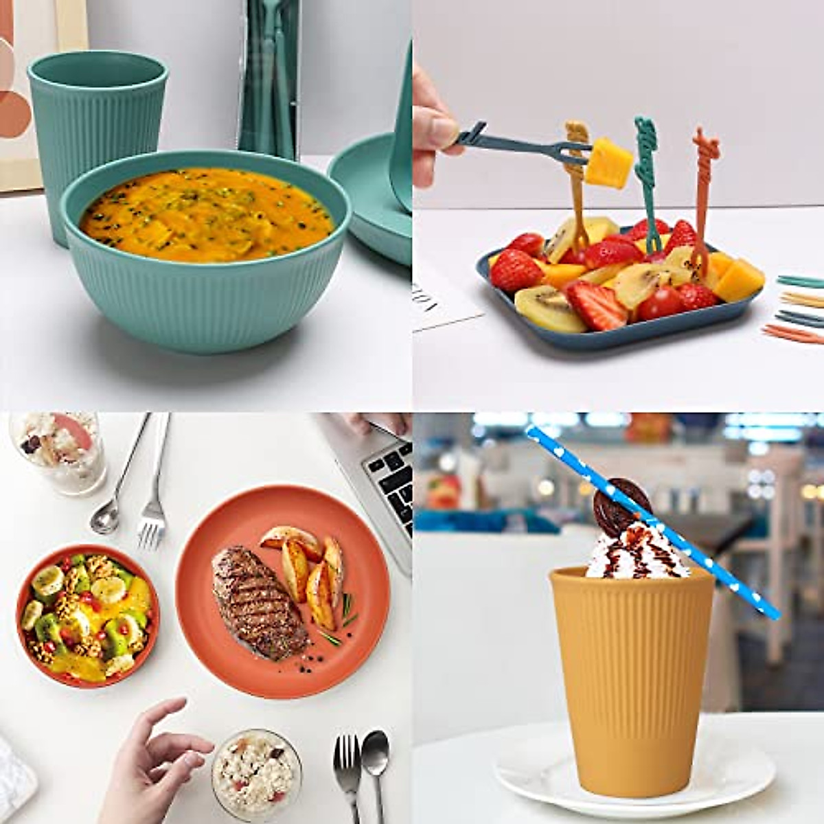 48 Pcs Wheat Straw Dinnerware Sets, Unbreakable Plates and Bowls Sets, Reusable Dinnerware Sets for 4 People, Travel Camping Picnic Home Party Cutlery Set, Dishwasher Microwave Safe Dishes