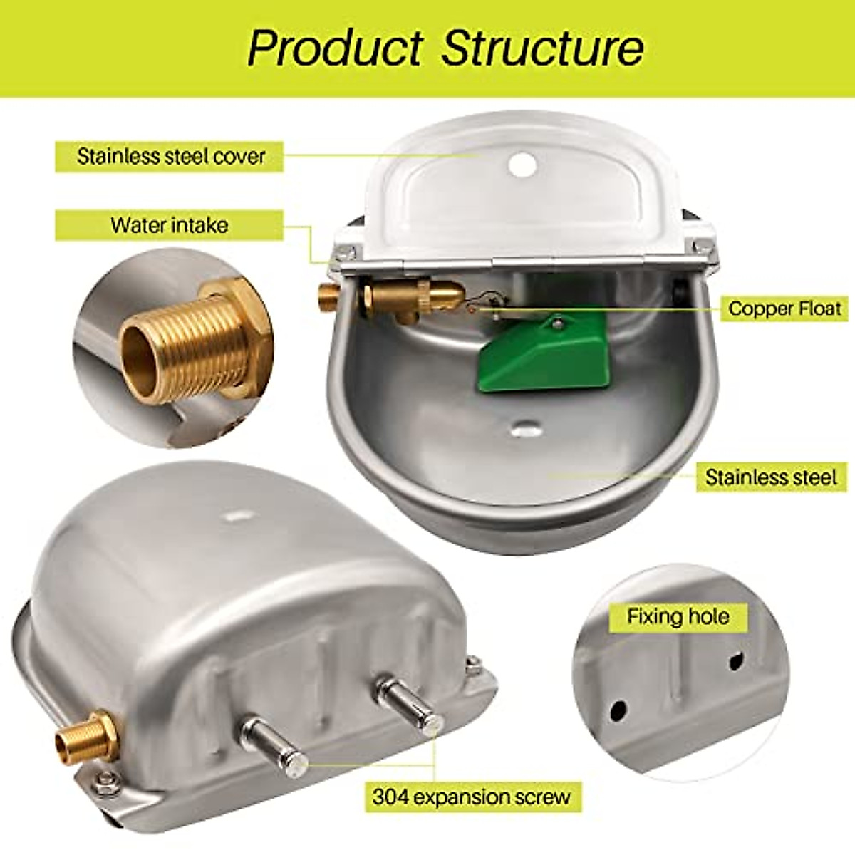 Automatic Waterer Water Bowl with Brass Float Valve Stainless Steel Watering Trough Kits for Livestock Chicken Horse Animal Dogs Cattle Pig Goat, Includes Hose, Brass Connector and Mounting Bolts