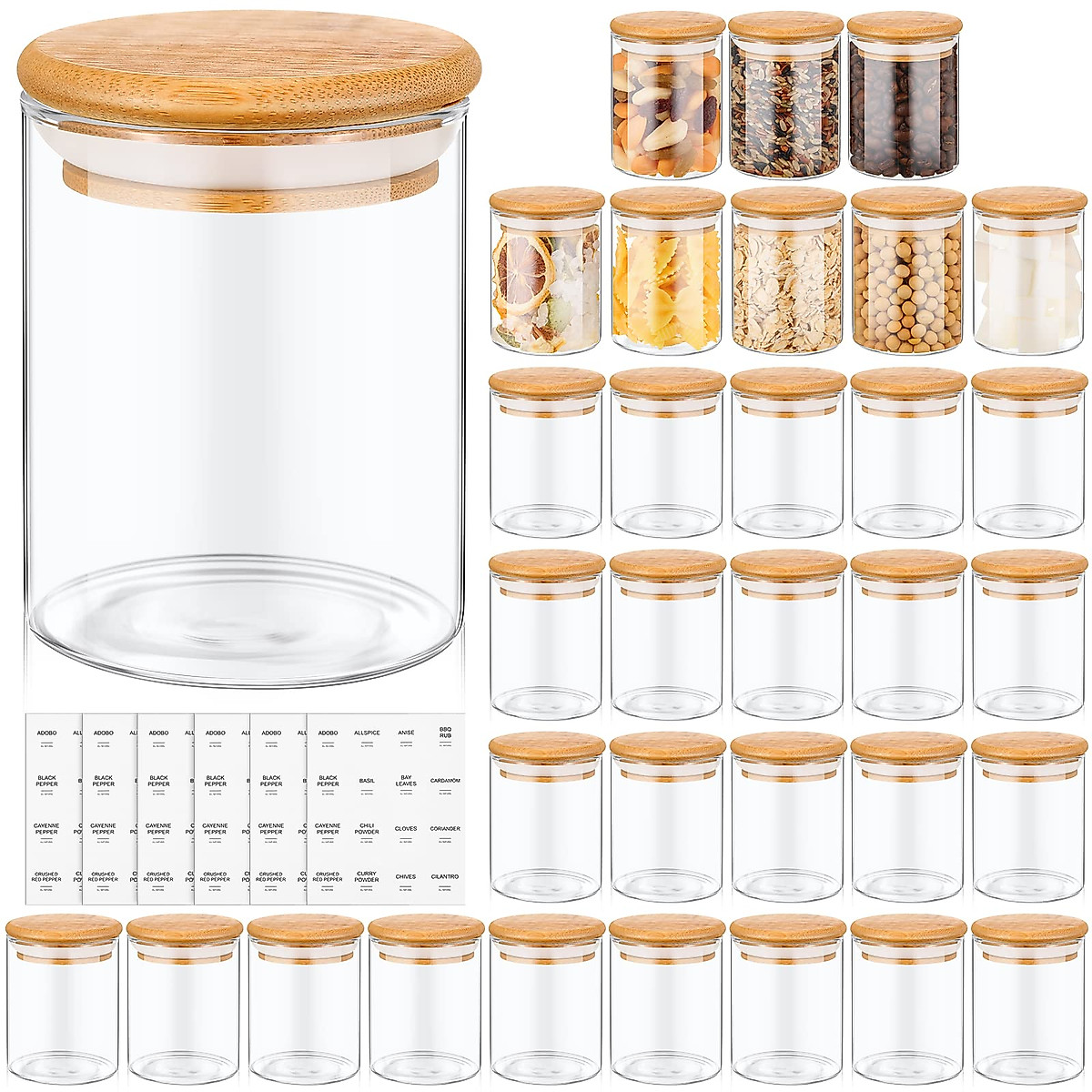 Zubebe 32 Pieces 7 oz Glass Spice Jars with Bamboo Lids and Labels, Large Clear Spice Containers with 660 Spice Labels Airtight Canisters Sets for Kitchen Seasoning Jars Storage Herbal Teas, Coffee