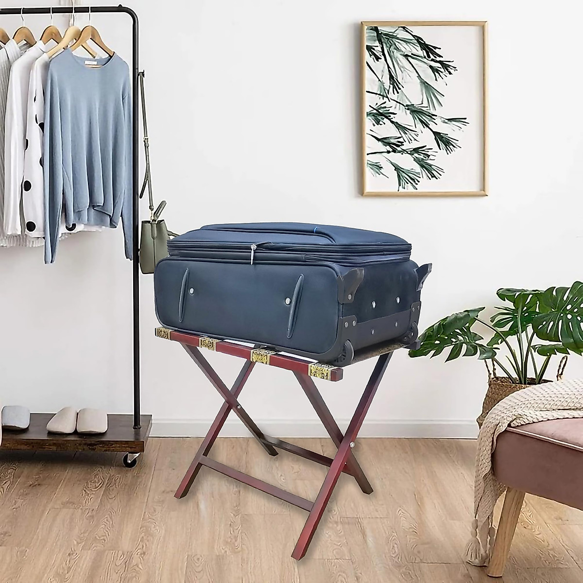 FixtureDisplays® 23.7 X 17.3 X 20" Luggage Rack with Straight-Leg Design and Durable Tapestry Webbing 104368-NF