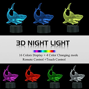 FULLOSUN Shark Gifts, 3D Shark Night Light for Kids (4 Patterns) with Remote Control 16 Colors Changing Dimmable Function, Xmas Birthday Gifts for Kids Child (Shark, Whale, Turtle, Dolphin)