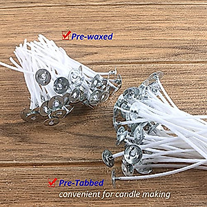 MILIVIXAY 3.5 inch Candle Wick Bundle: 100PCS Candle Wicks, 100PCS Candle Wick Stickers and 6PCS Wooden Candle Wick Holders - Wicks Coated with Paraffin Wax, Cotton Wicks Kits for Candle Making.