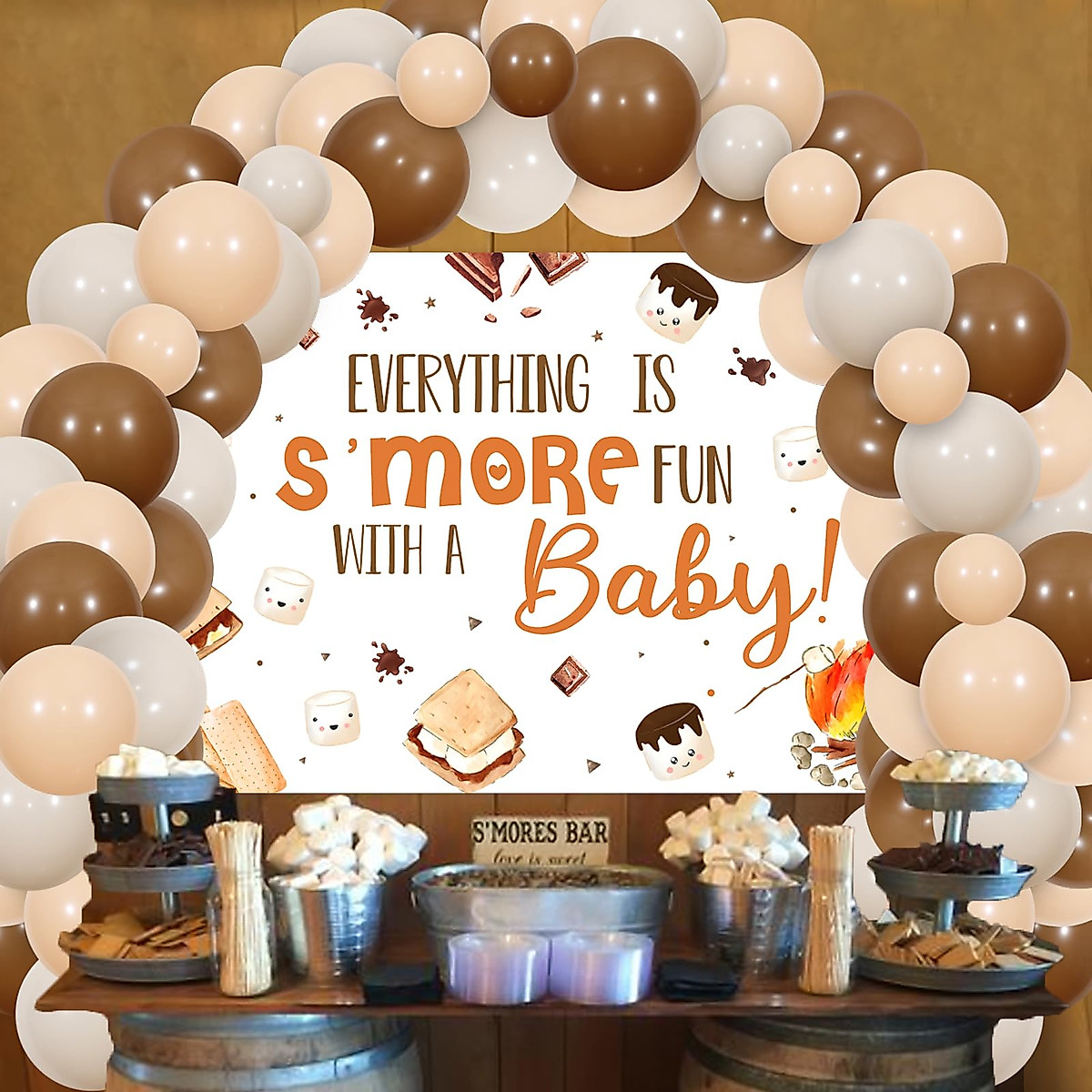 Sursurprise S’Mores Party Decorations, S’Mores Baby Shower Decor, S’More Baby Shower Backdrop Balloon Garland Arch Kit, Camping Campfire Camper Party Supplies