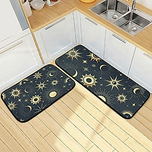 ZENWAWA Alchemy Star Moon Sun Anti Fatigue Kitchen Mat 2 Pieces Set Cushioned Kitchen Rug Waterproof Non Slip Comfort Standing Padded Floor Rugs