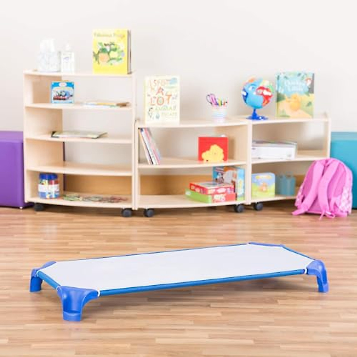 Sprogs Heavy-Duty Stackable Standard Size 52"L Daycare Cots for Kids and Toddlers, Stacking Preschool Classroom Kids Cots for Sleeping, Resting, Naptime, Pack of 6, Blue
