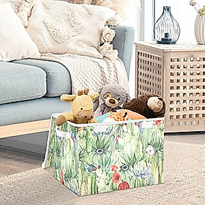 DOMIKING Floral Cactus Succulents Large Storage Bin with Lid Collapsible Shelf Baskets Box with Handles empty gift basket for Nursery Drawer Shelves Cabinet