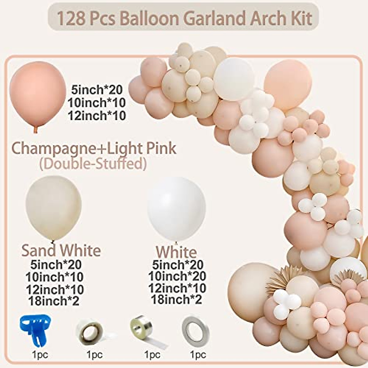 128Pcs Boho Sand White Nude Balloons Garland Arch Kit,Stand White Balloons Double-Stuffed Peach Balloons for Retro Boho Wedding Birthday Girls Baby Shower Garden Tea Party Background Decorations…