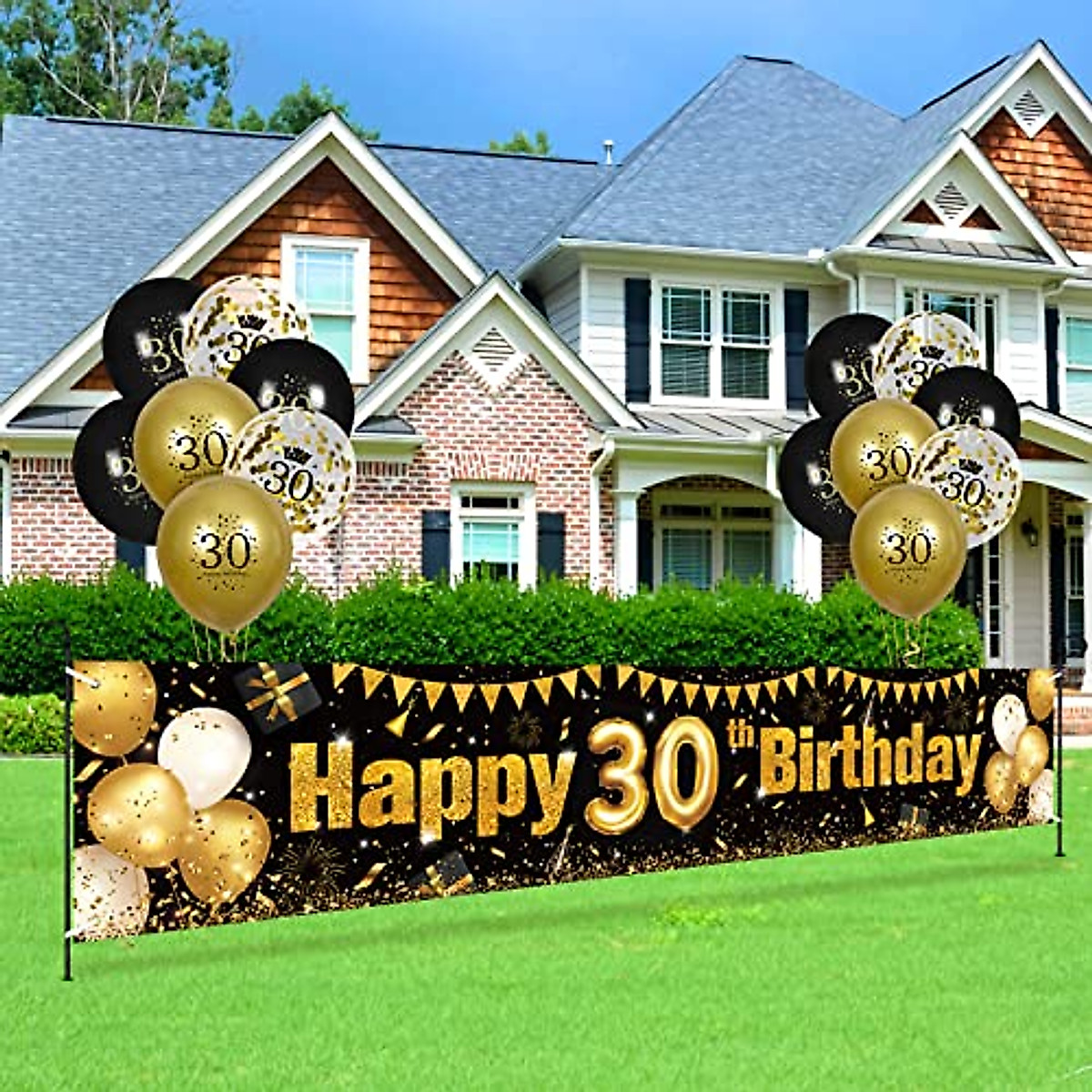 30th Birthday Decorations for Men Women Black and Gold, Black Gold Birthday Yard Banner Sign and 18 PCS 30th Happy Birthday Balloons for 30th Anniversary Birthday Party Supplies Outdoor Yard Decor