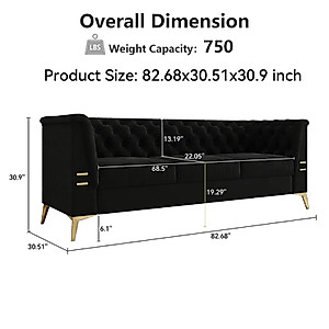 3 Seat Velvet Sofa Couch Modern Chesterfield Button Tufted Couches Comfy Contemporary Black Velvet Upholstered Sofas 83 Inch 3 Person Fashion with Metal Legs Couches for Living Room Office Furniture
