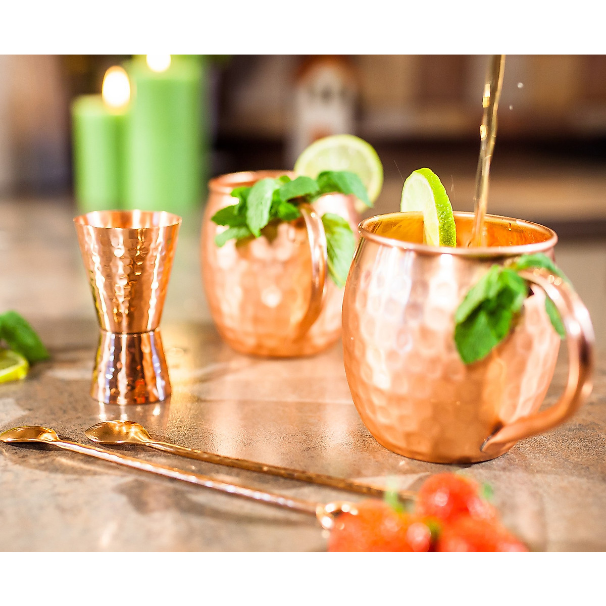 Copper jigger lacquered for the shine and to prevent tarnish. - Double 1oz/2oz copper measuring jigger for cocktail mixing. - Solid hammered copper 22G copper. - Copper shot glass for Moscow mule.