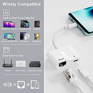 USB C to Ethernet Adapter, UWECAN 2 in 1 USB C to RJ45 Adapter with 60W PD Type-C Charge Port Supports 10/100Mbps Ethernet Network, Compatible for iPhone 15/16/Android/i-Pad Pro/Mac/Galaxy