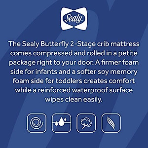 Sealy Butterfly 2-Stage Waterproof Baby Crib & Toddler Mattress - CERTIPUR-US Certified Foam - Made in USA, 52"x28"