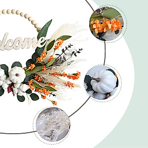 TEMPUS 16" Spring Wooden Bead Wreath Forsythia Pumpkin Wreath with Welcome Sign for Front Door Decorations Farmhouse Decorations