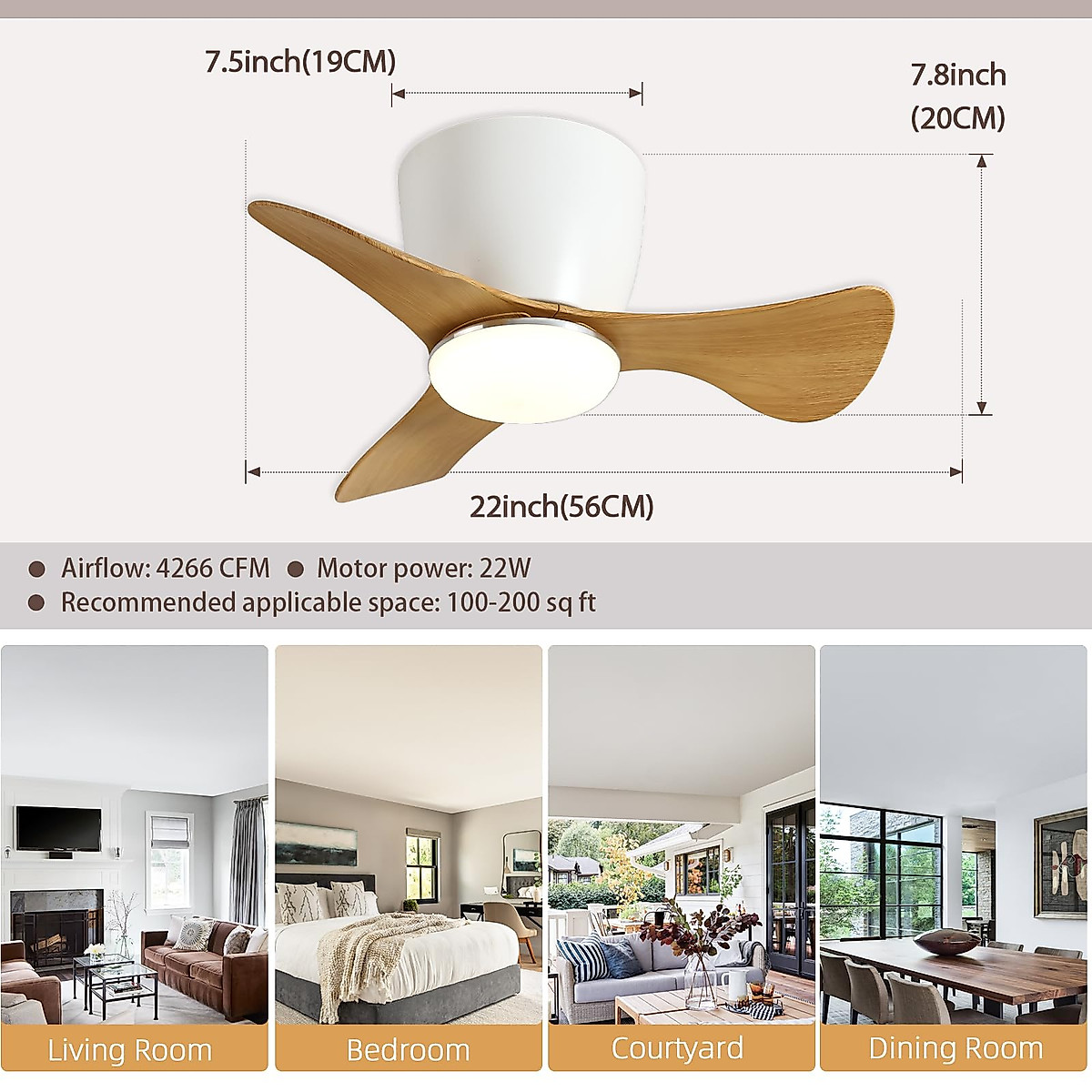 GESUM Flush Mount Ceiling Fans with Lights, 22'' Small Ceiling Fans Remote & APP Control, 3CCT Dimmable, Quiet DC Motor for Patio Kitchen Bedroom