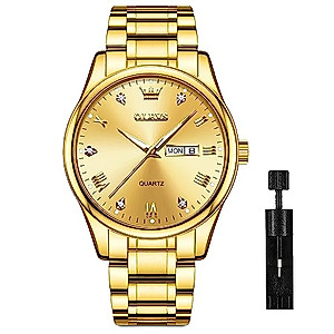 OLEVS Gold Watch for Men, Big Face Stainless Steel Watch, Easy to Read Analog Quartz Watch with Day Date, Waterproof Luminous Men's Dress Wrist Watch