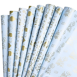 LeZakaa Birthday Wrapping Paper Sheet - Blue Color with Gold Foil - Birthday Party/Cake/Banner/Gift Box for Gift Wrap - 27.5" x 19.6" x 8 Sheets