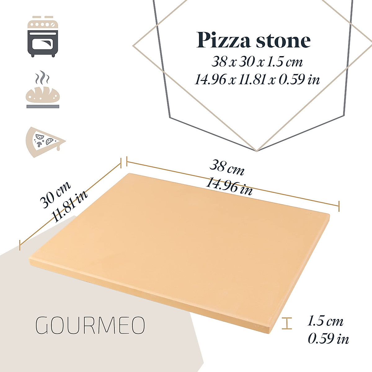 GOURMEO Pizza Stone Pan and Wooden Pizza Paddle - 15x11.8x0.6 inch - Cordiete Bread Beaking Stone w/Pizza Peel - Suitable for Oven & Grill