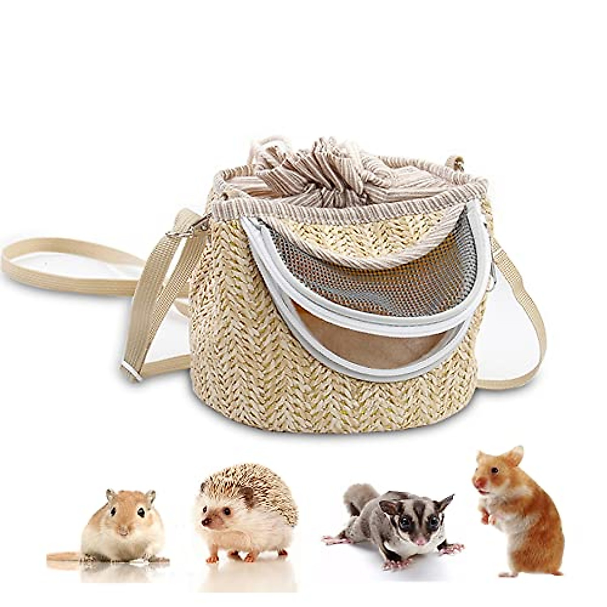 Small Pet Carrier Bag Hamster Carrier Bag with Long Detachable Shoulder Strap, Light Coffee Color Straw Mesh Breathable Portable Outgoing Bag for Hamster Hedgehog Sugar Glider Squirrel Gerbil
