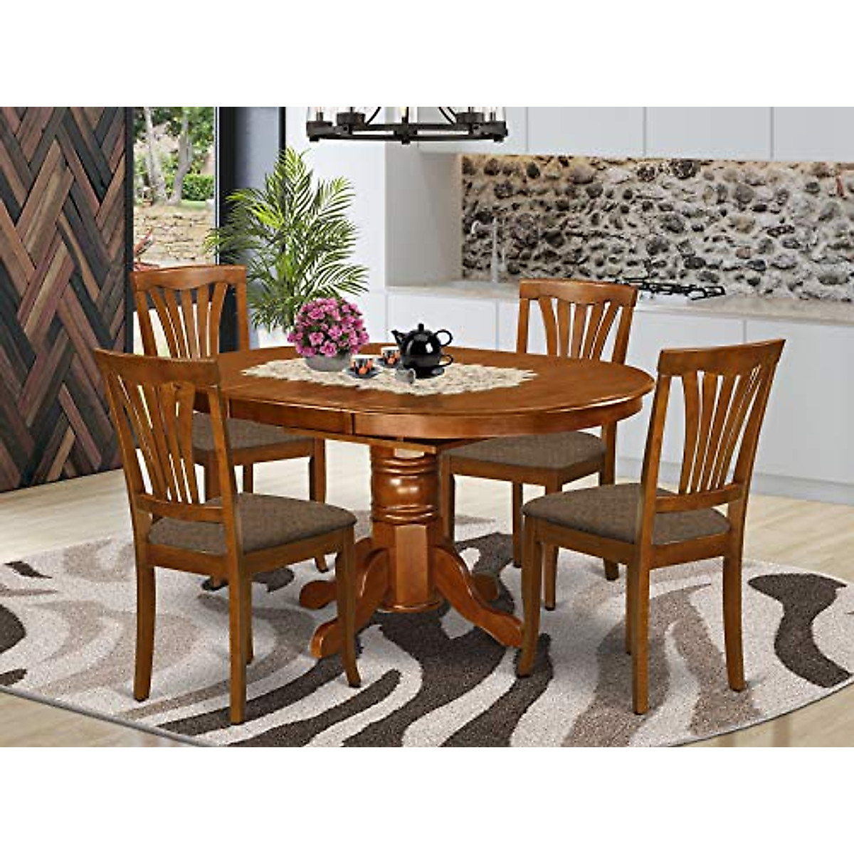 East West Furniture Avon 5 Piece Set for 4 Includes an Oval Table with Butterfly Leaf and 4 Linen Fabric Kitchen Dining Chairs, 42x60 Inch, Saddle Brown
