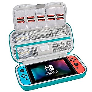 BOVKE Switch Case Compatible with Nintendo Switch/OLED Model, Hard Protective Nintendo Switch Carrying Case with Game Cartridges Storage & Playstand Function, Mesh Pouch for Accessories, Turquoise