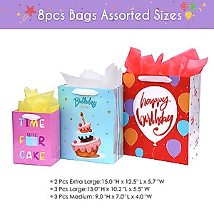 8 Pack Birthday Gift Bags Assorted Sizes (2 Extra Large 15", 3 Large 13",3 Medium 9"), Birthday Gift Bags with Ribbon Handle and Tissue Paper,Reusable and Perfect For Birthday Gift Wrapping Present