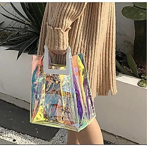 R-LOMU 5pcs Clear Iridescent Reusable Gift Bag 11 x 9.8 x 5.1 Inches Holographic Large Handbag Gift Wrap Bags Pvc with Handle for Party,Birthday,Christmas,Travel, Festival,Wedding, Shopping