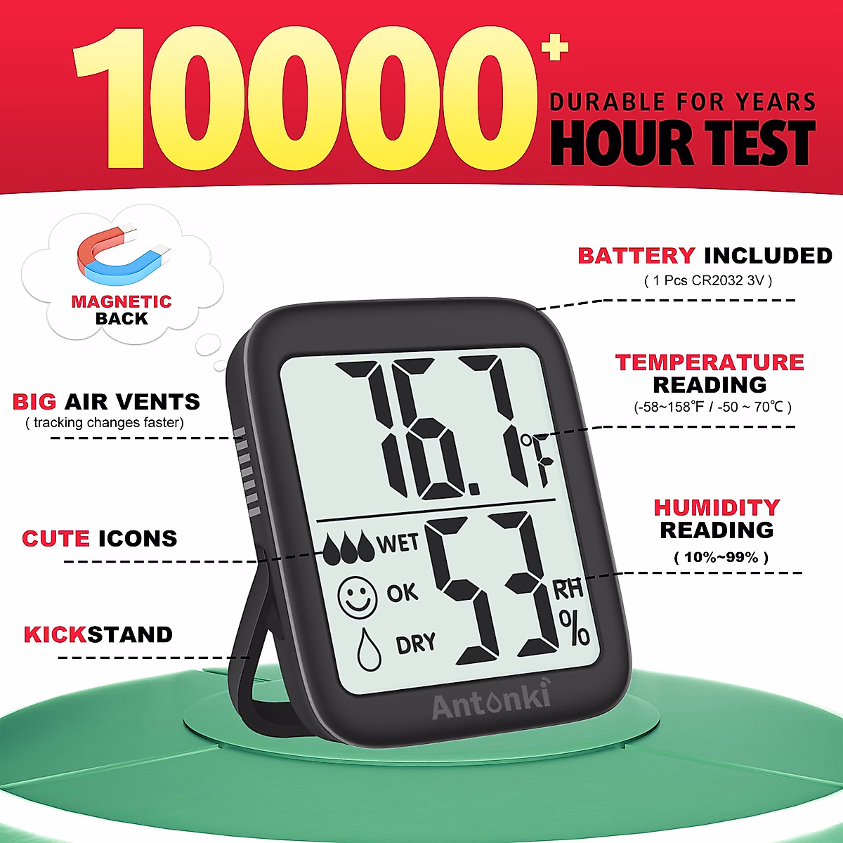 Antonki 2 Pack Room Thermometer for Home, Indoor Hygrometer Humidity Meter Gauge, Digital Temperature and Humidity Sensor Monitor for House, Terrarium, Incubator, Greenhouse - Battery Included