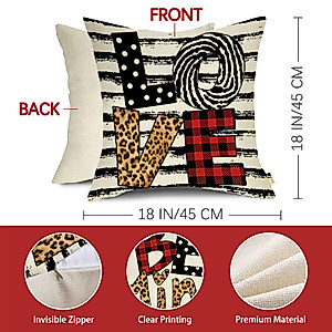 Fjfz Valentine's Day Decorative Throw Pillow Cover 18x18 Set of 4, Be Mine Love Leopard Red Buffalo Plaid Check Black Polka Dot Striped Anniversary Wedding Home Decor Farmhouse Cushion Case for Couch