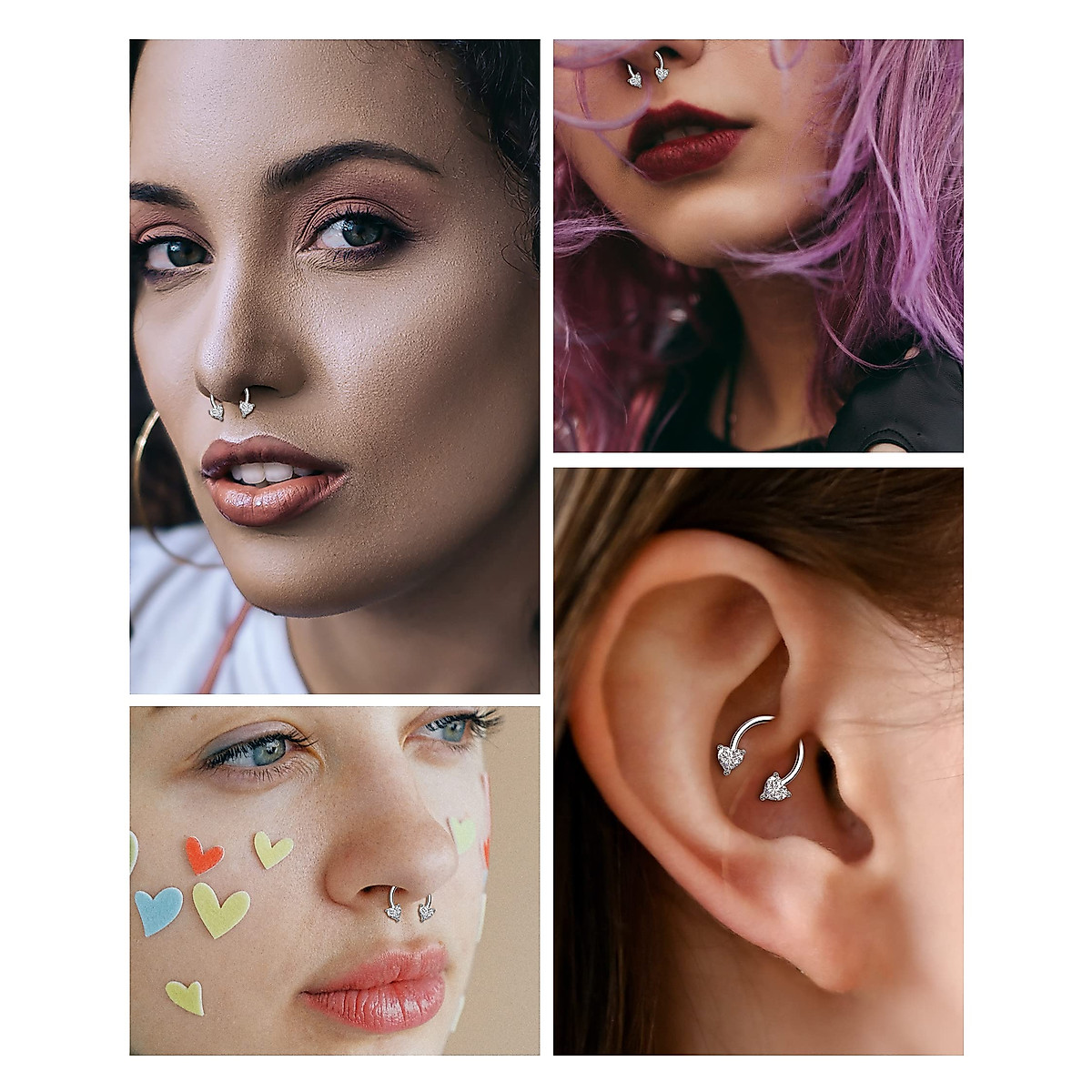 Jewseen Heart Septum Ring 16g Clear CZ Septum Jewelry Daith Piercing Jewelry Cartilage Earring Helix Piercing Jewelry Nose Ring Hoop Earring Conch Tragus Earring for Women Men