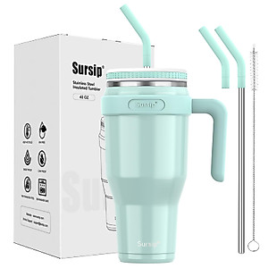 Sursip 40 oz Mug Tumbler,Stainless Steel Insulated Tumbler with Non-Removable Handle–Keeps Drinks Cold up to 24 Hours–Sweat Proof, Dishwasher Safe,BPA Free,Fit in Car Holder-Mild Mint