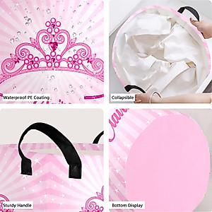 Personalized Laundry Basket Hamper,Princess Crown Pink,Collapsible Storage Baskets with Handles for Kids Room,Clothes, Nursery Decor
