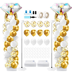 Realspring 2 Sets Diamond Ring Balloon Column Stand Kit with 2 Ring Foil Ring Balloons 100 Latex Balloons, Adjustable Balloon Stands White and Gold Balloon Arch for Bridal Shower Wedding Engagement