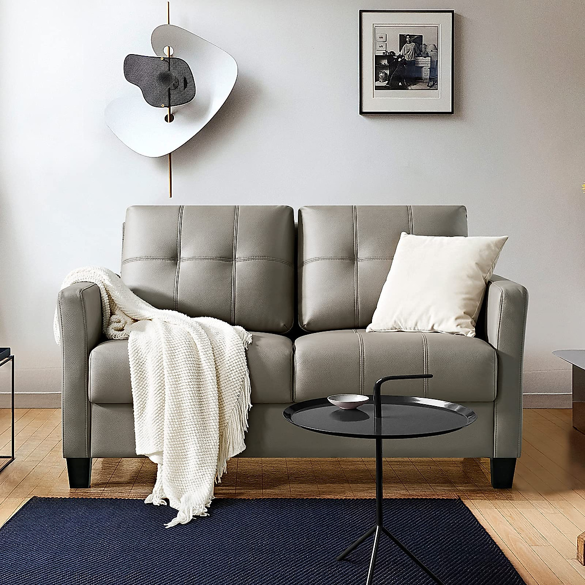 Husbedom 57.5"W Small Loveseat Sofa, Mid Century Modern Air Leather Love Seat with Flared Arm & Double Stitching Cushions, 2 Seat Couch for Small Space Living Room Bedroom Apartment Dorm, Light Brown