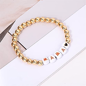 14K Gold Plated Beaded Bracelets Letter Stretch Dainty Stackable Bracelet for Women Girls