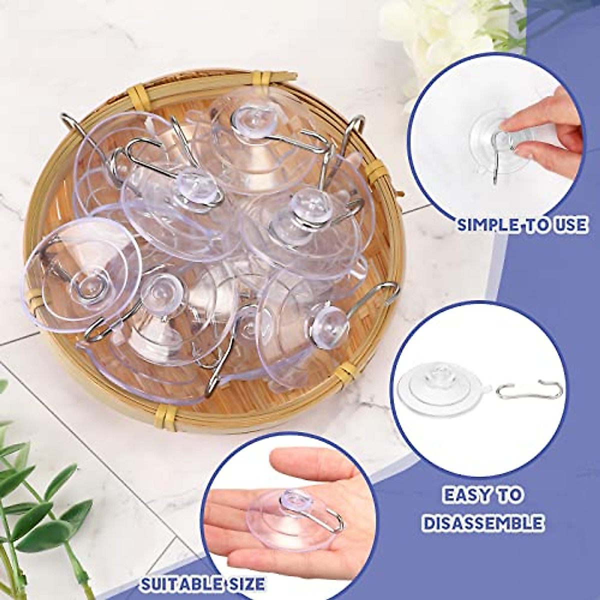 Roowest 60 Pieces Suction Cup Hooks 1.77 Inches 3 lbs Clear PVC Window Suction Cups with Metal Hooks Removable Wall Hooks Hanger for Window Glass Door Kitchen Bathroom Shower Wall Wreaths Tile