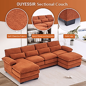 OUYESSIR 114" U Shape Sectional Sofa Cloud Couch for Living Room, Upholstery Comfy Modular Sofa, 4 Seat Chenille L-Shaped Sleeper Sofa with Chaise Lounge, Ottoman & Pillows,Orange