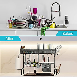 Fashionwu Over Sink Dish Drying Rack, Adjustable Multifunctional Dish Drainer for Kitchen Storage Countertop Organization, 25.6-35.5in