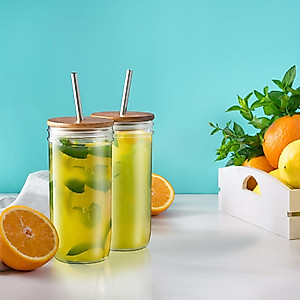 DAYYET Glass Cups Set - 24oz Mason Jar Drinking Glasses with Acacia Wood Lids & Straws & Airtight Lids - Wide Mouth Iced Coffee Cups Boba Bottle Tumbler for Bubble Tea, Smoothie - 2 Pack