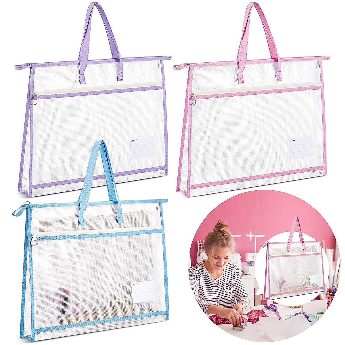 Bulyoou 3 Pcs A3 Project Bag for Quilting Craft Storage for Quilters Clear Mesh Design Art Supply Bag Artwork Storage Organize for Artworks Charts and Teaching Material Multipurpose