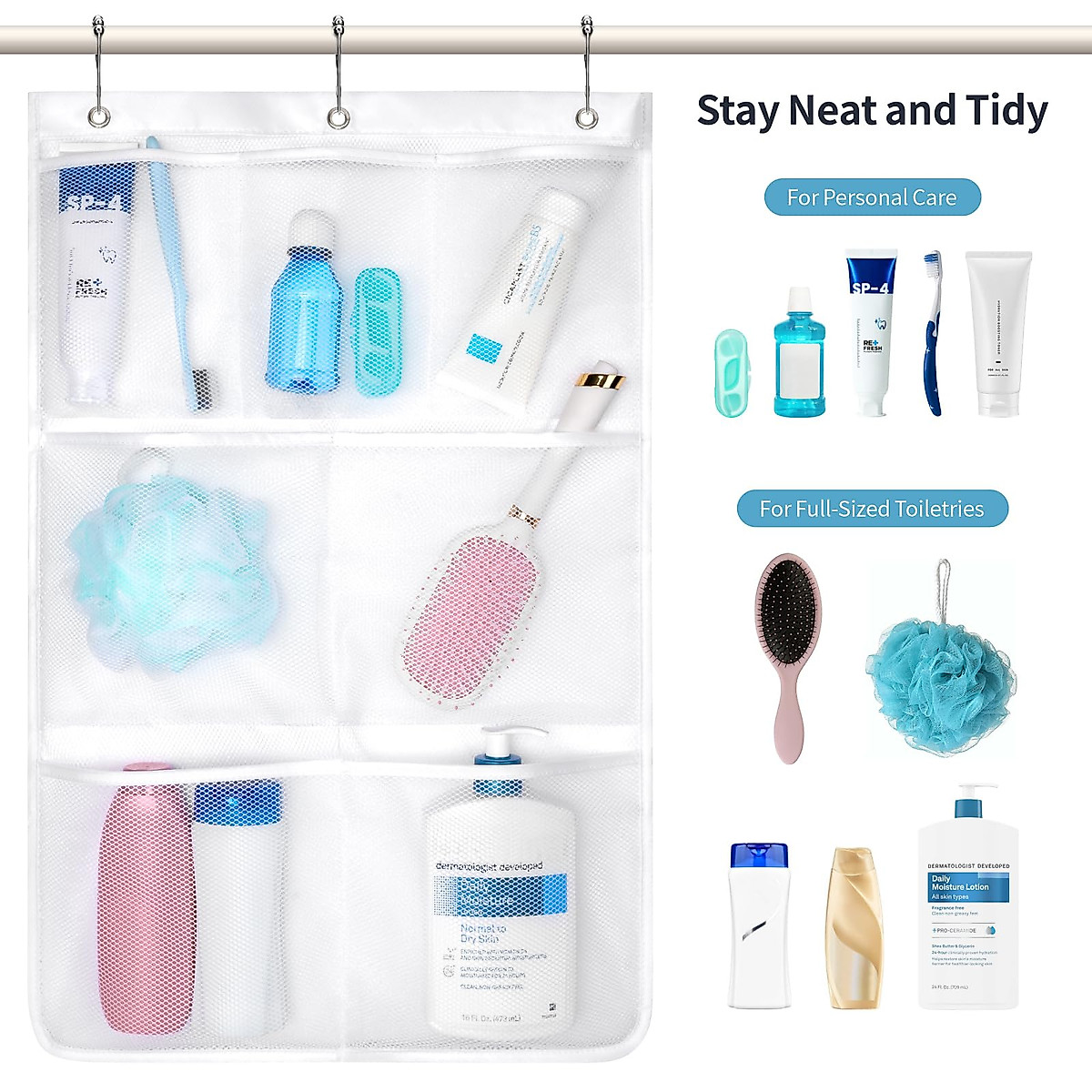 F-color Shower Organizer for Cruise Ship Essentials - with 3 Adhesive Hooks and 3 Metal Loop Hangers, Quick Dry Mesh Shower Caddy Hanging, 7 Pockets Bathroom Bag Tote for Shampoo, Soap, White