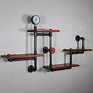 4 Tiers Industrial Pipe Shelving Wall Mounted,Rustic Wood Wall Shelf Storage Metal Floating Shelves Unit Bookshelf Hanging Wall Shelves for Farmhouse Kitchen Bar Bathroom Living Room Home Decor