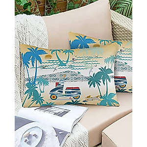 Edwiinsa Outdoor Pillow Covers Waterproof, Coconut Tree All Weather Cushion Case Set of 2, Summer Teal Moire Yellow Ombre Sunset Lumbar Pillowcase for Sofa Couch Bed Decor Patio Furniture 20"x12"