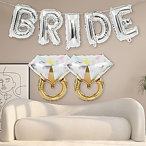 Uniquer Giant Bride Balloon with 2 PCS Ring Balloons, 16 Inch Letter Balloon, Diamond Ring Shape Balloons, Bachelorette Party Decorations(Silver)