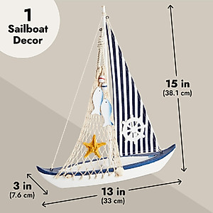 Juvale Sailboat Model Decoration - Wooden Sailing Boat Home Decor Set, Beach Nautical Design, Navy Blue and White with Ship's Wheel, 13 x 15 x 3 Inches